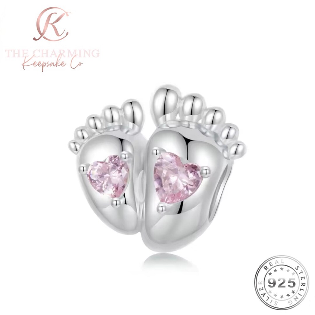 Baby Girl Footprints / Feet Charm Genuine 925 Sterling Silver and Pink ...
