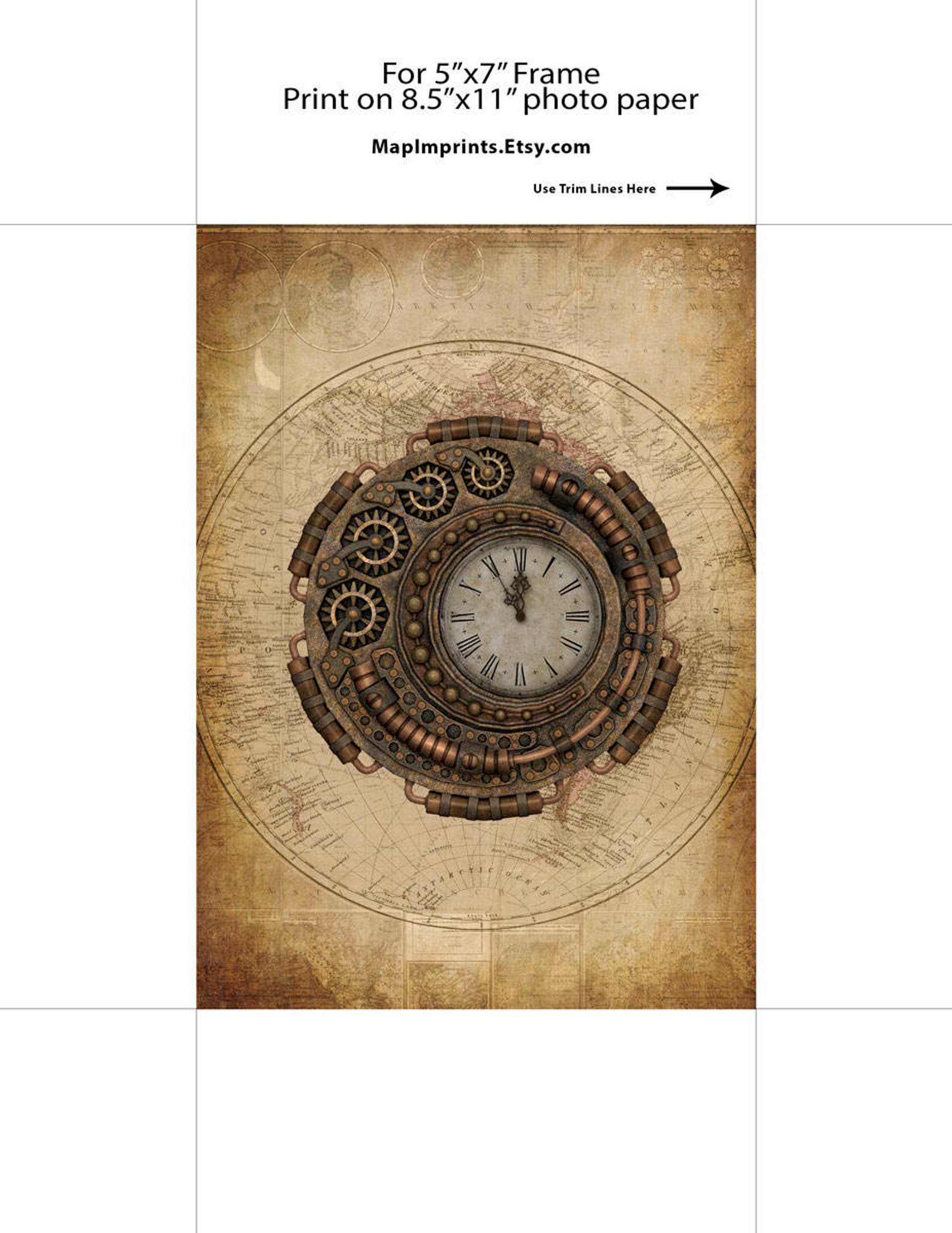 Steampunk Clock, Map Art Print, Printable Map, Antique Steampunk ...