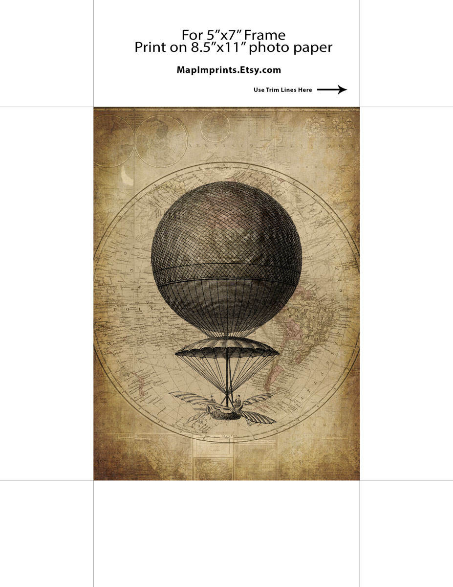 Hot Air Balloon, Map Art, Illustration Printable 1800s, Antique ...
