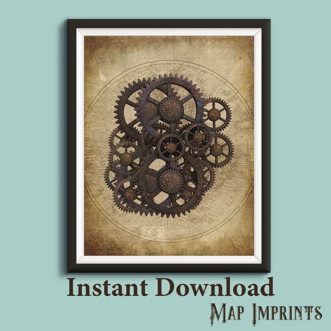 Steampunk Gears, Steampunk Prints, Map Art Print, Antique Steampunk ...