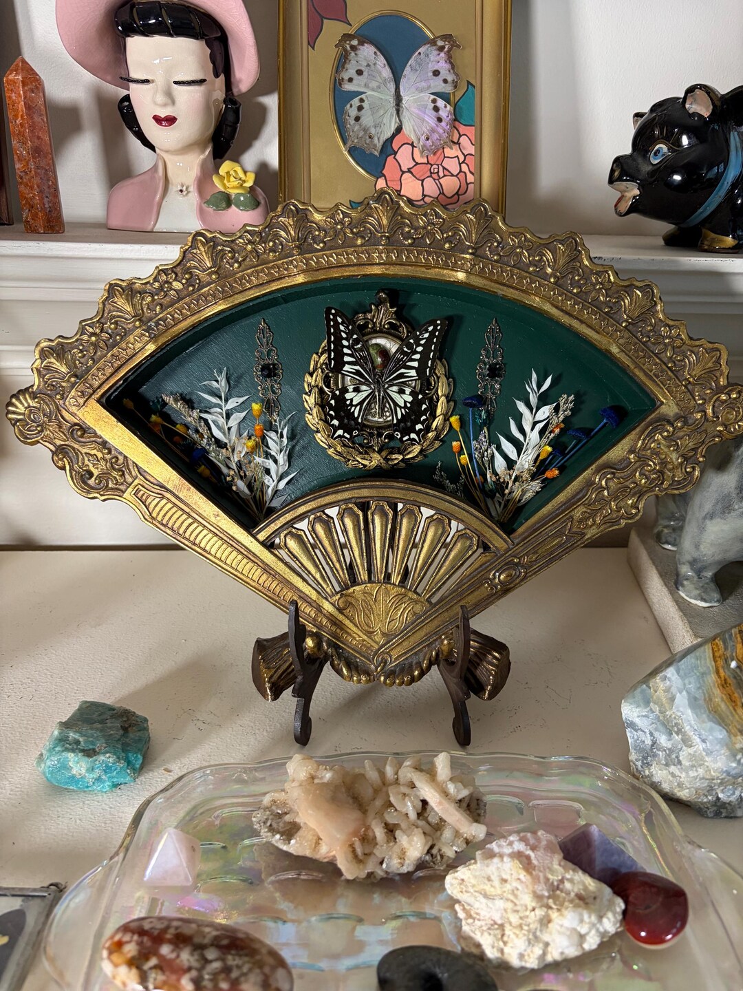 Green Fan Frame With Mustard Florals and Central Emperor Butterfly - Etsy