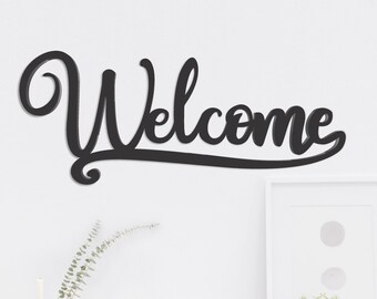 Welcome Script Word Wood Sign, Wooden Words, Sign Art, Rustic Cursive ...