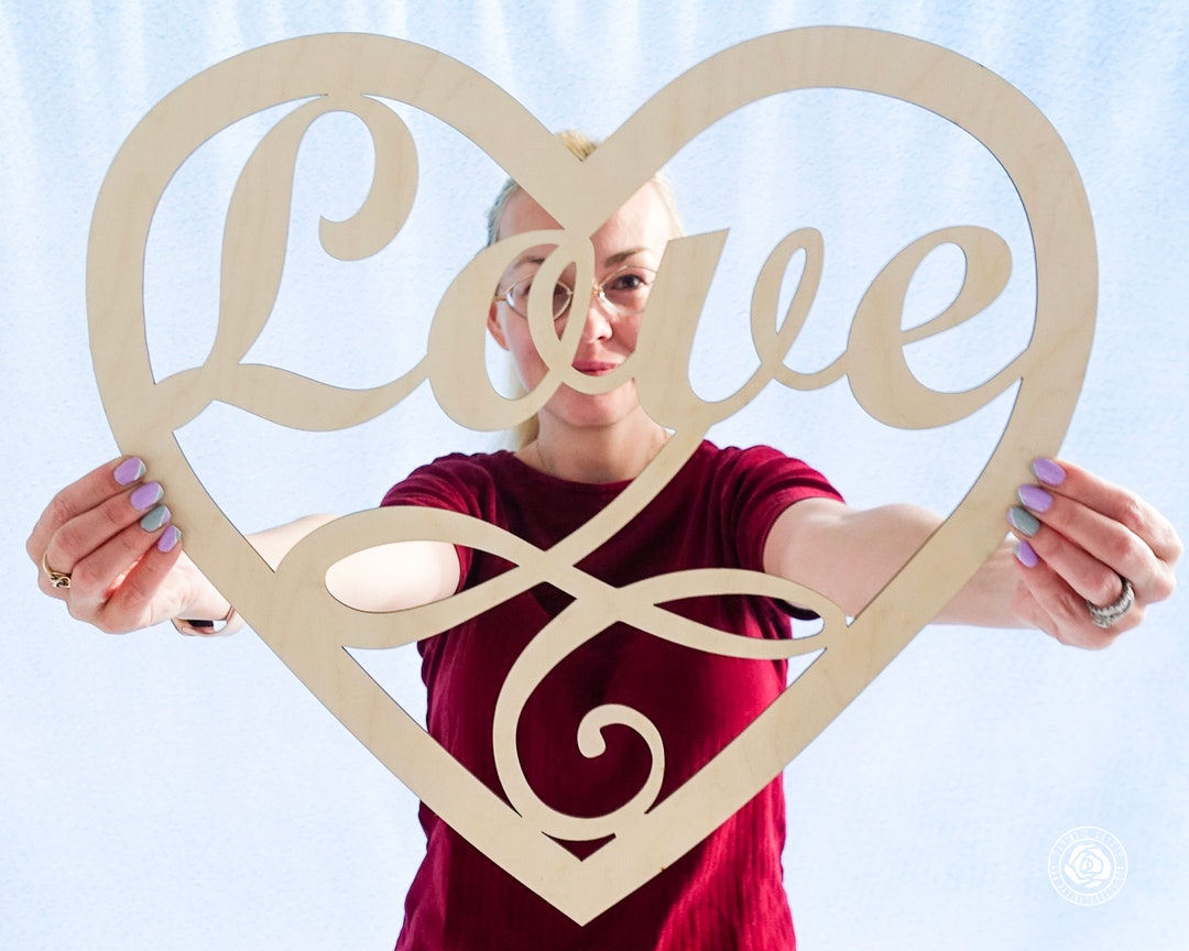 Love Wood Sign, Love Script Word, Wooden Love Heart Cutout, Wedding ...