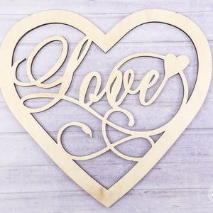 Love Heart Wood Sign, Love Script Word, Wooden Love Cutout Decor ...