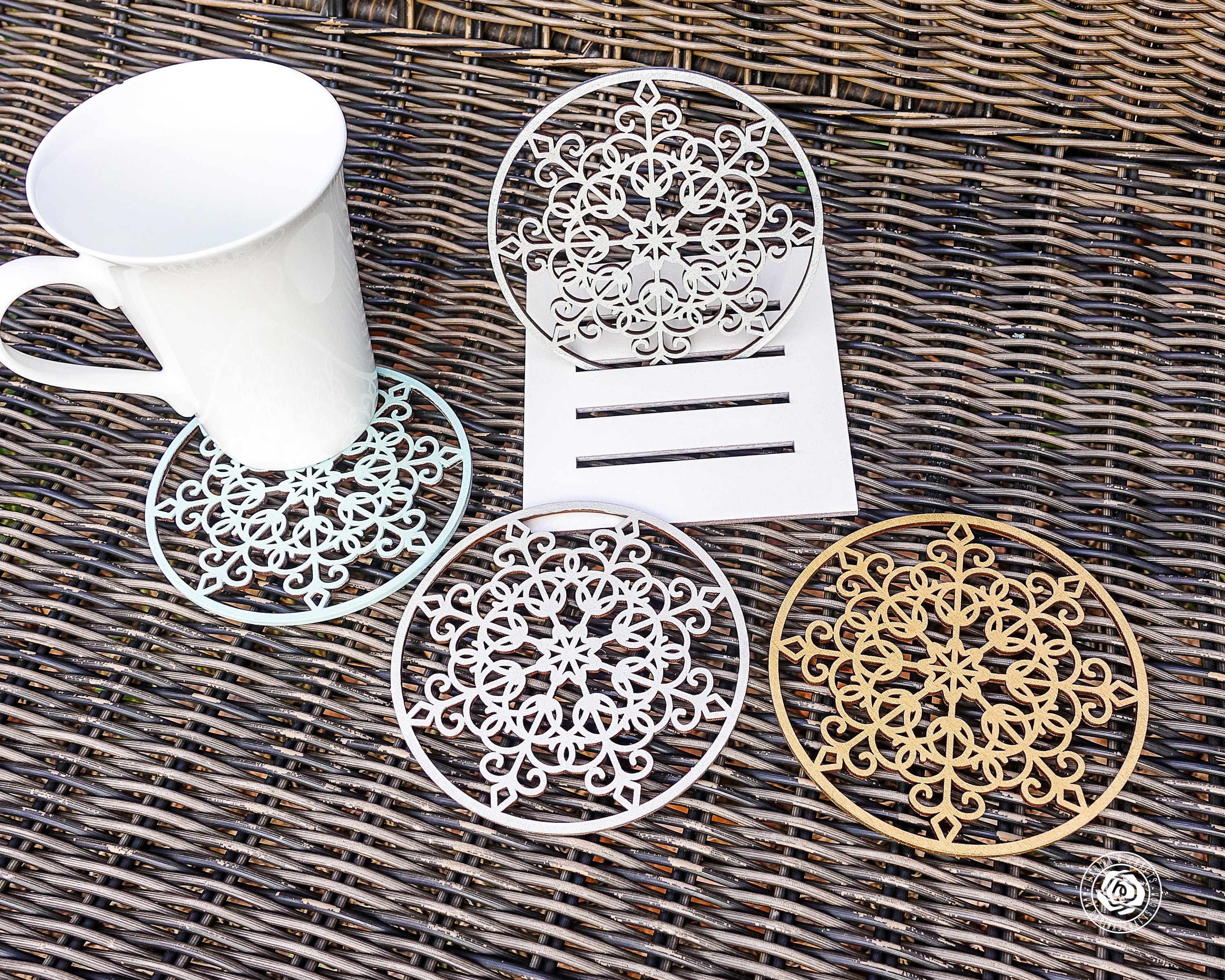 Snowflake Coasters Set Decorative drink coasters Wood laser | Etsy