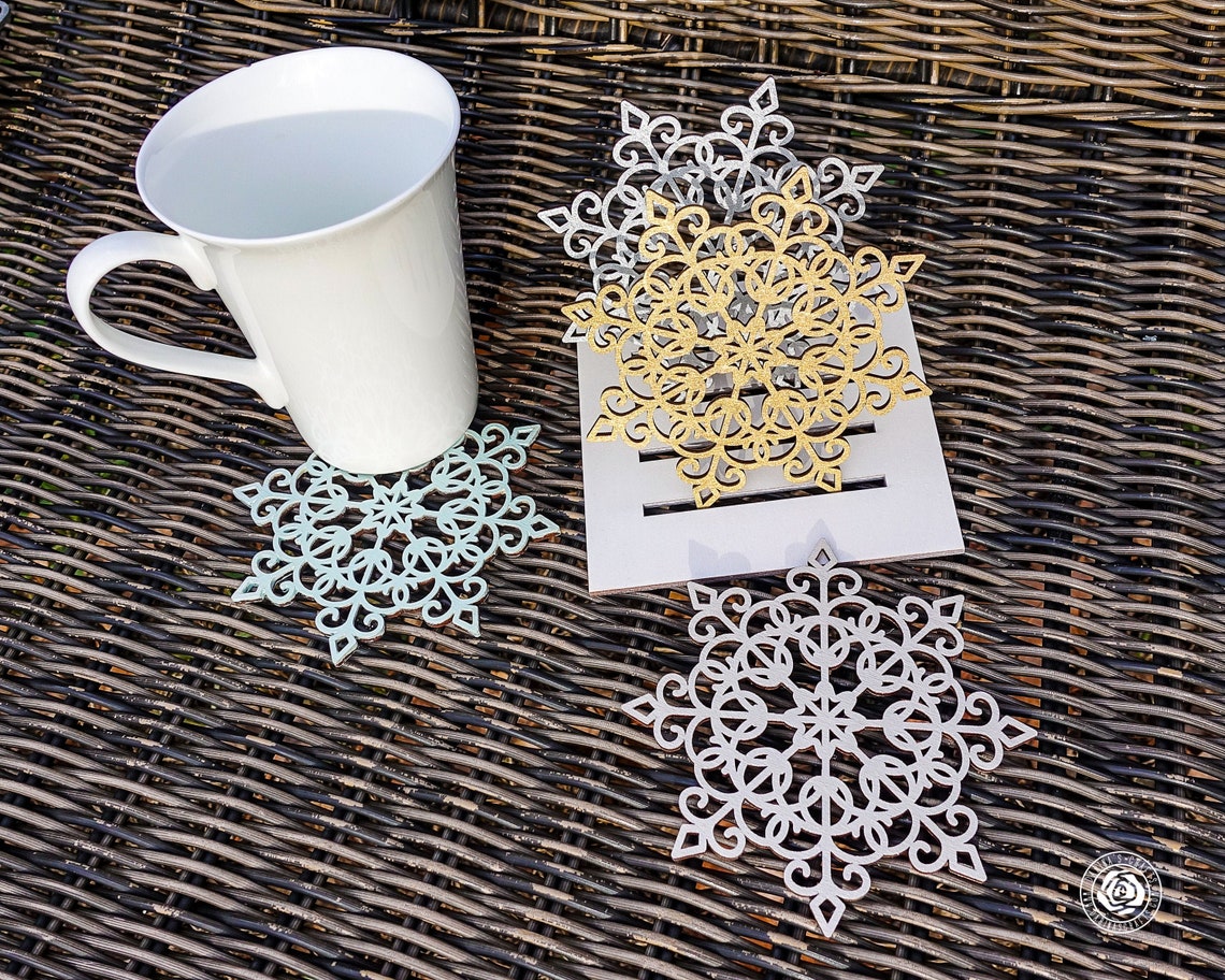 Snowflake Coasters Set Holiday Drink Coasters Wood Laser | Etsy