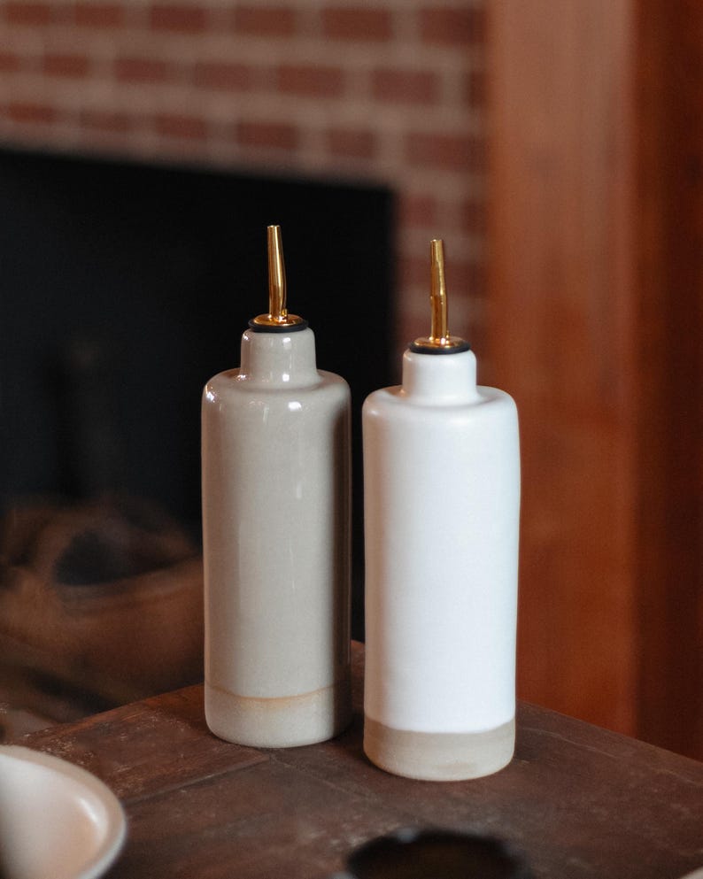 Handmade Ceramic Tall Oil Dispenser, Neutral Stoneware Cruet, Kitchen ...