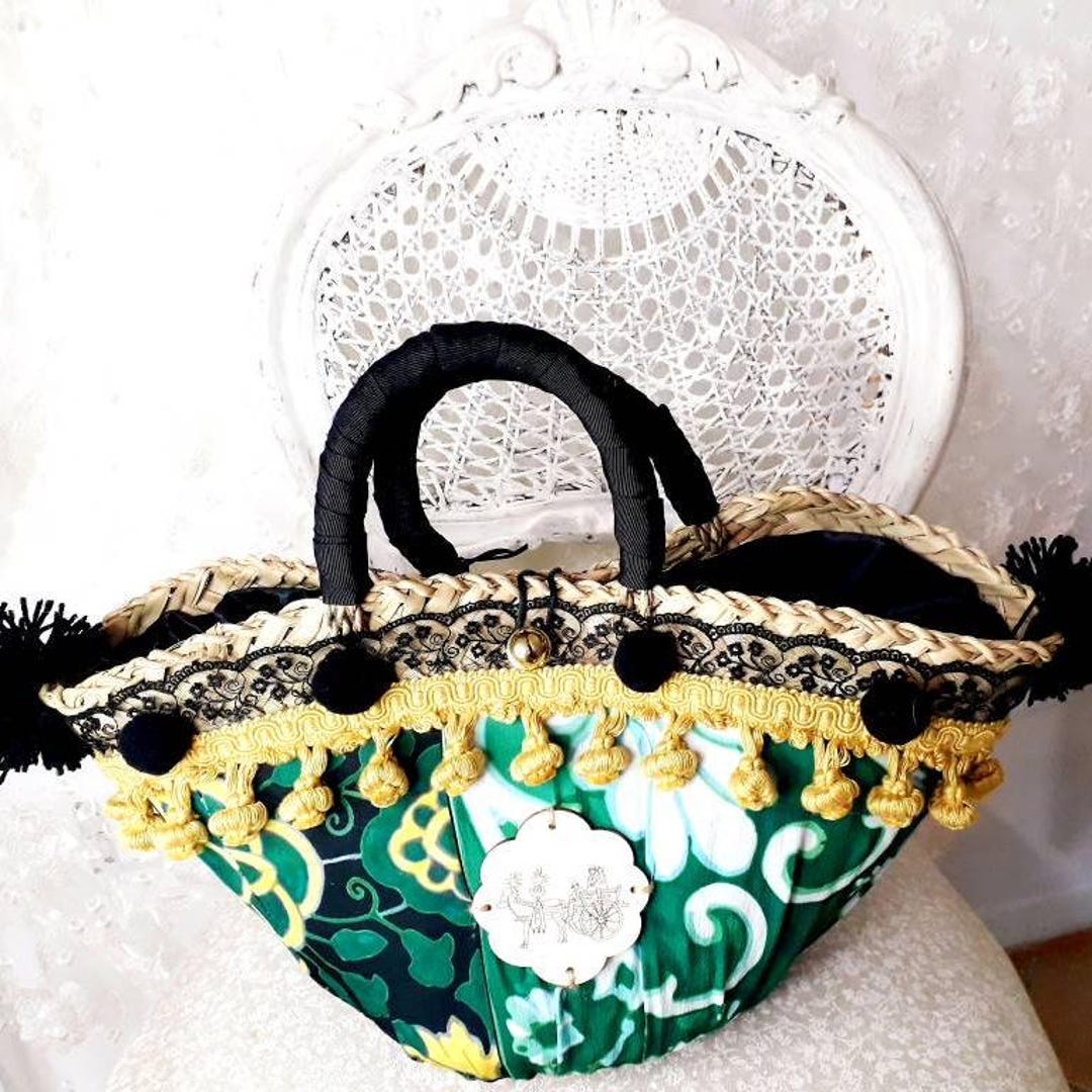 Sicilian Coffa Straw Bag Coated in Green Majolica Fabric - Italian ...