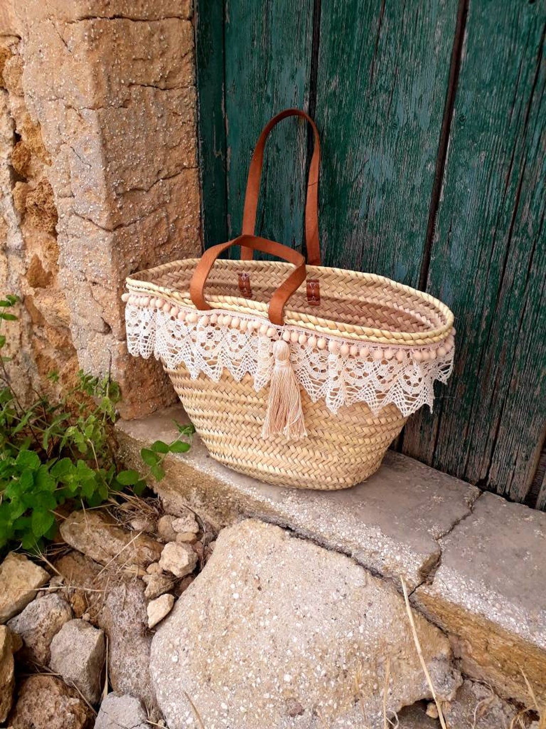 Beach Bag, Sicilian Straw Coffa With Lace, Personalized Bag With Name ...