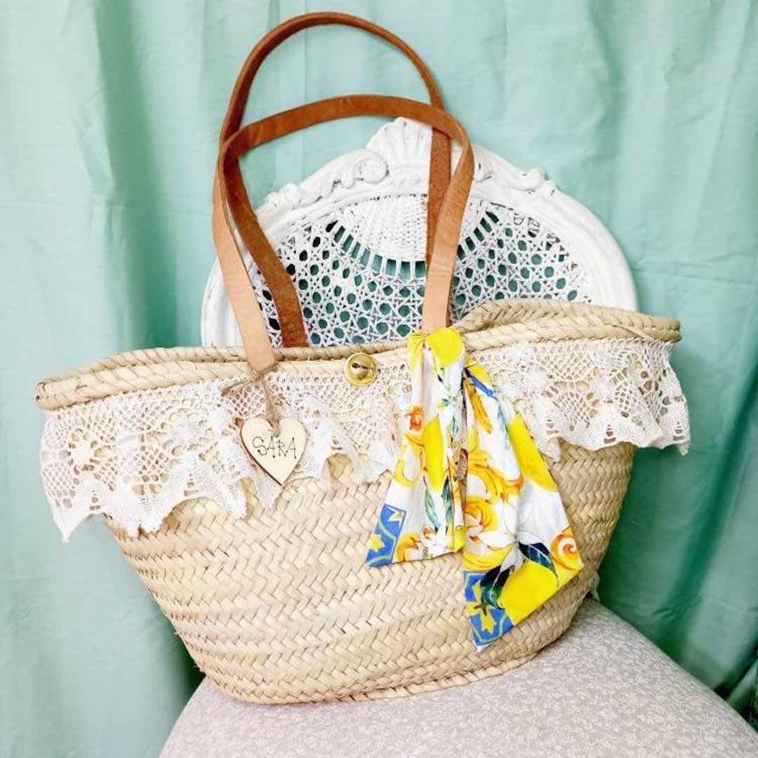 Beach Bag Made of Straw With Leather Handles Decorated With Lace and ...
