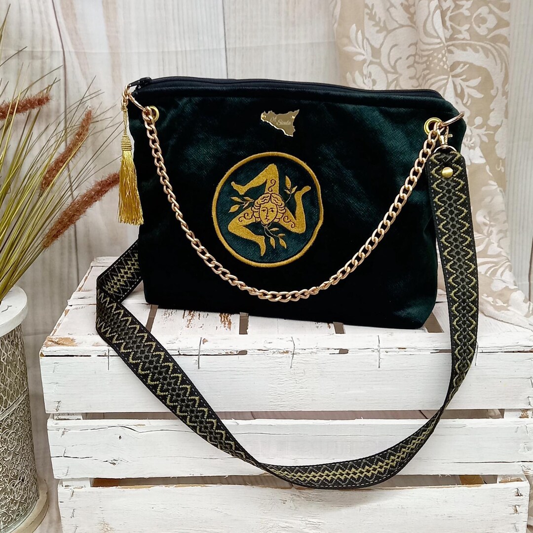 Forest Green Embroidered Velvet Bag With Sicilian Trinacria Patch ...
