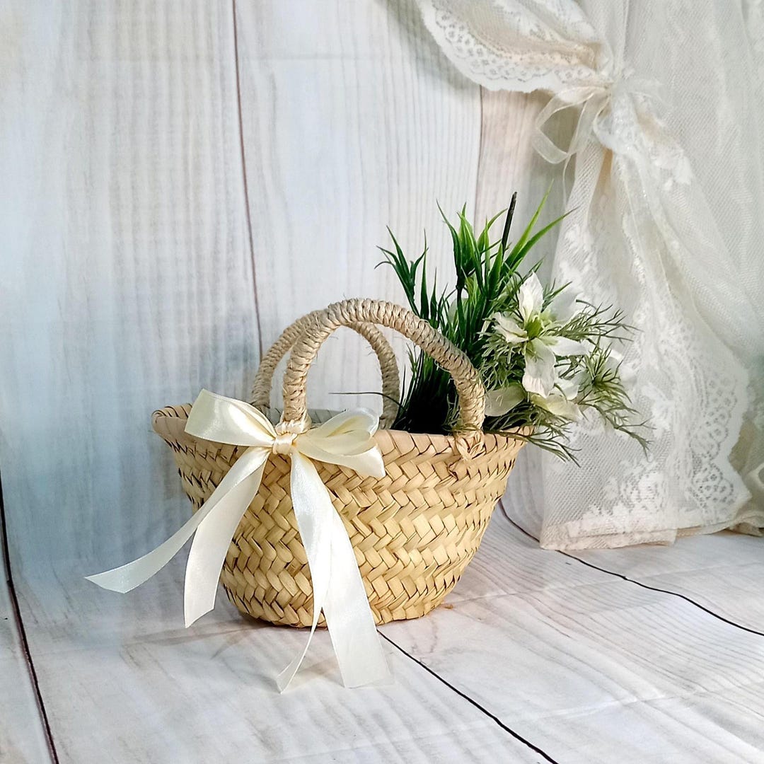 Straw Bag, Rustic Flower Basket for Little Girl, Small Flower Basket ...