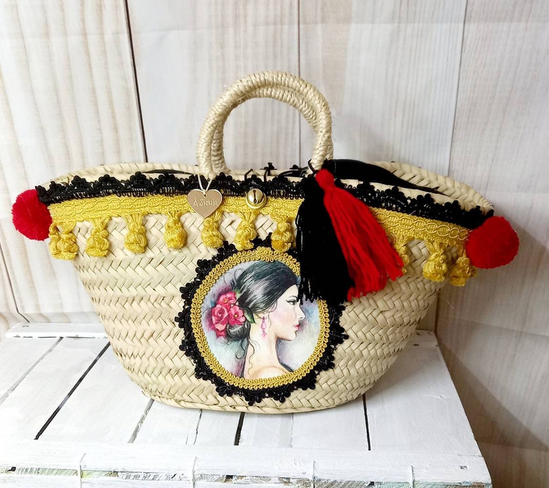 Hand Painted Straw Bag, Sicilian Coffa With Sicilian Cart and Leather ...