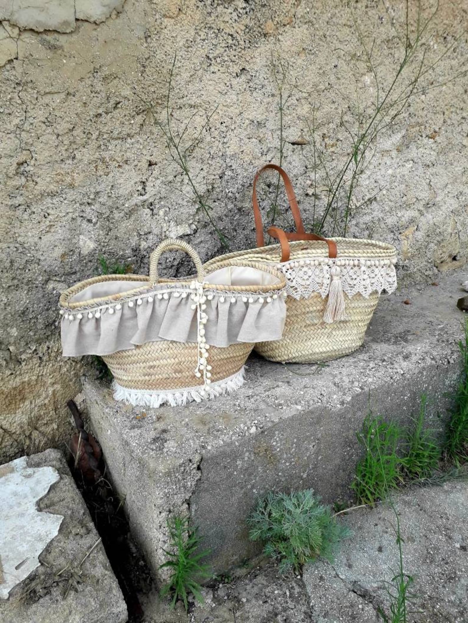 Beach Bag Sicilian Straw Coffa With Lace Personalized Bag - Etsy