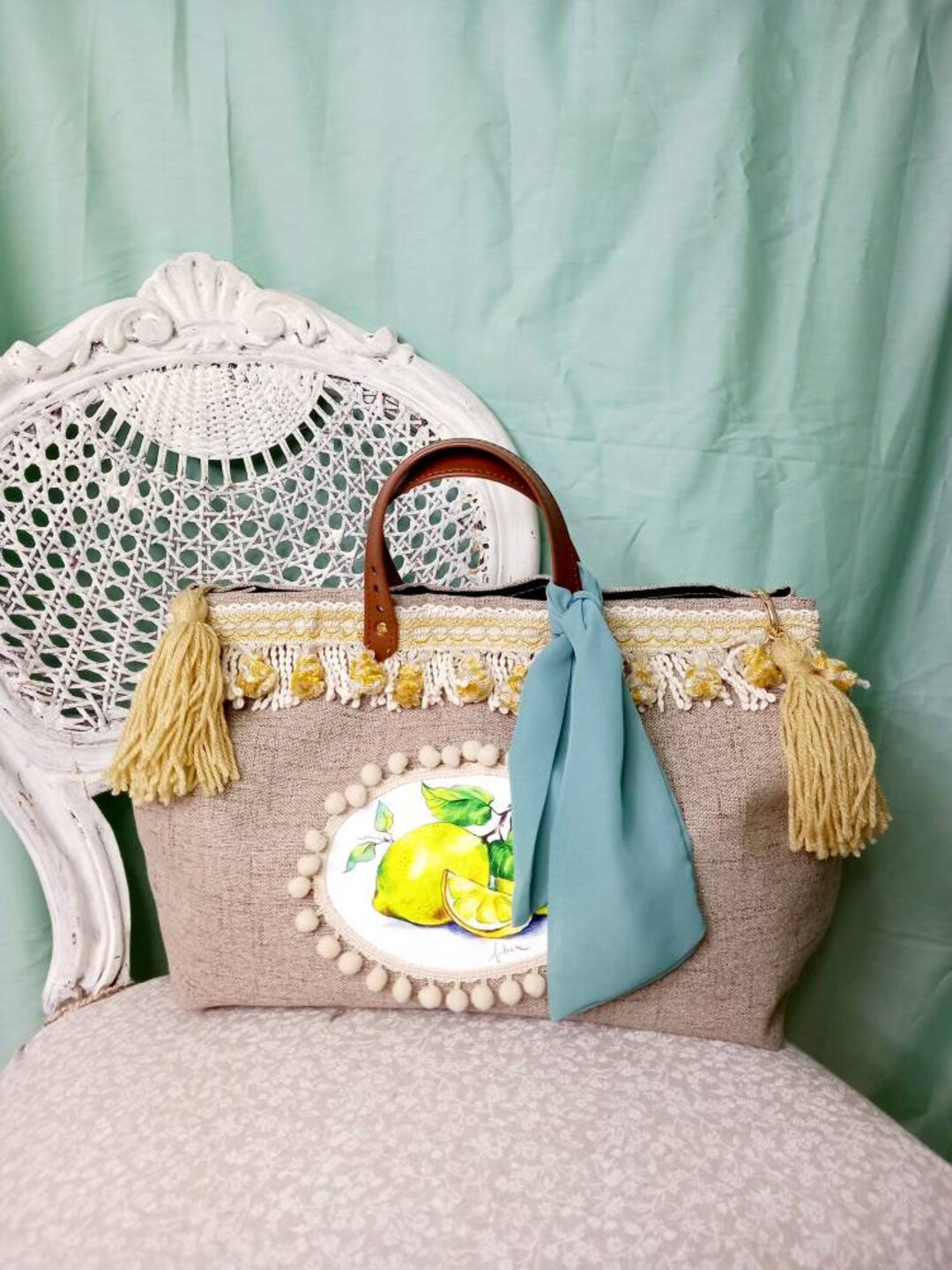 Beige Bag in Cotton Fabric With Handles and Foulard - Etsy