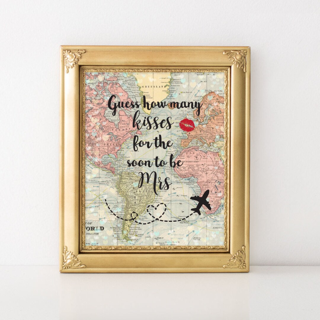 Printable Guess How Many Kisses World Map 8x10 Bridal Shower Game ...