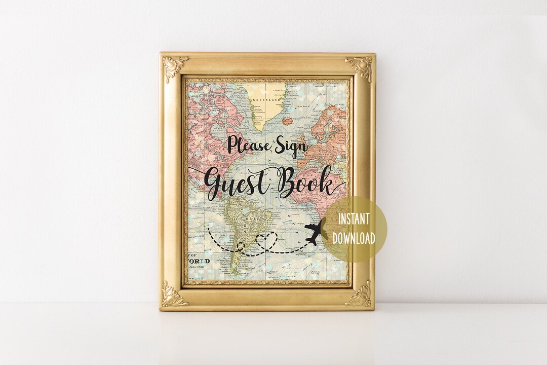 Please Sign Guest Book Sign World Map 8x10, Travel Themed Guestbook ...
