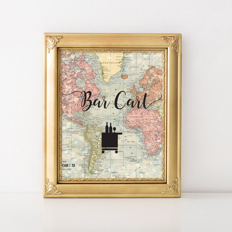 Alcohol Bar Cart Sign World Map 8x10 Travel Wedding Theme | Etsy