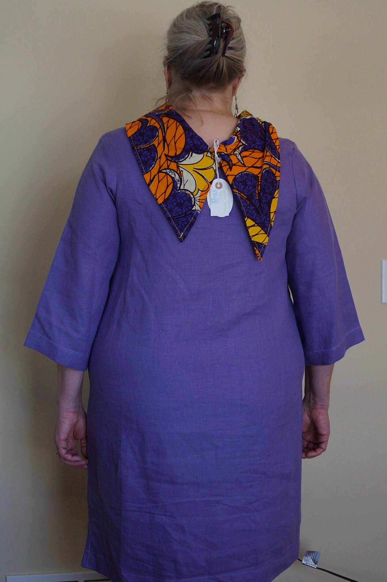 Irish Linen Dress with African Fabric Cowl Neck 2X