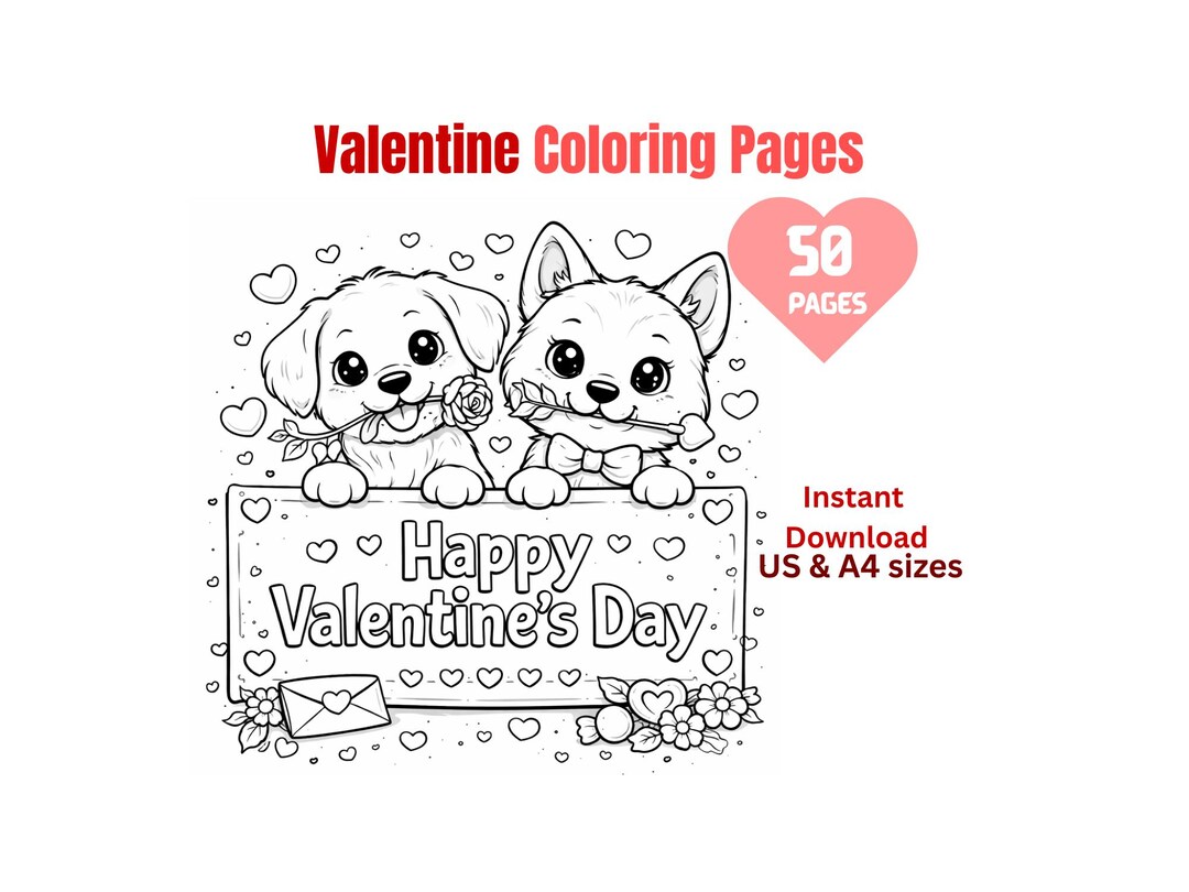 Valentine's Day Coloring Book for Kids, 50 Pages, PDF Download, A4/US ...