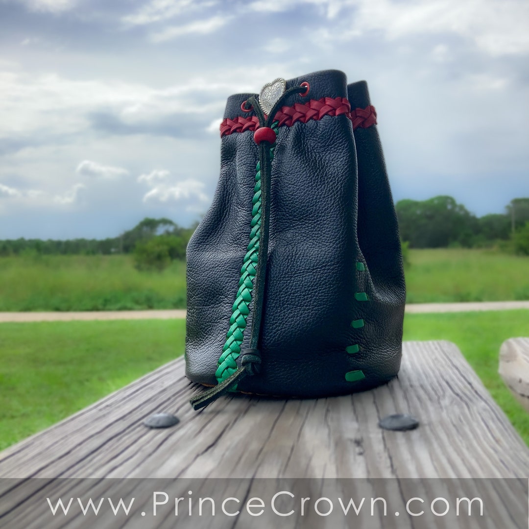 Handmade Black Leather Chalk Bag: Crimson Red & Green Lacing | Reggae ...