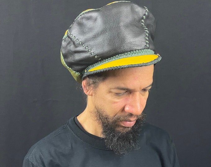 Large Leather Cap, Fitted Cap for Locs, Rasta Leather Tam, Rastafarian ...