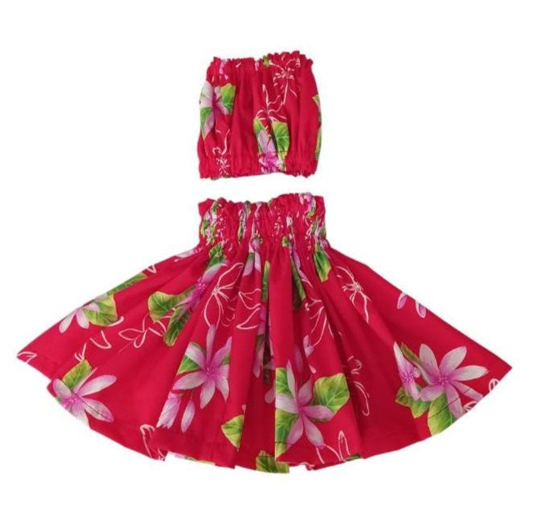 Hawaiian Keiki Kids Red Tiare Pa'u Hula Skirt Outfits 2 Piece Sets ...