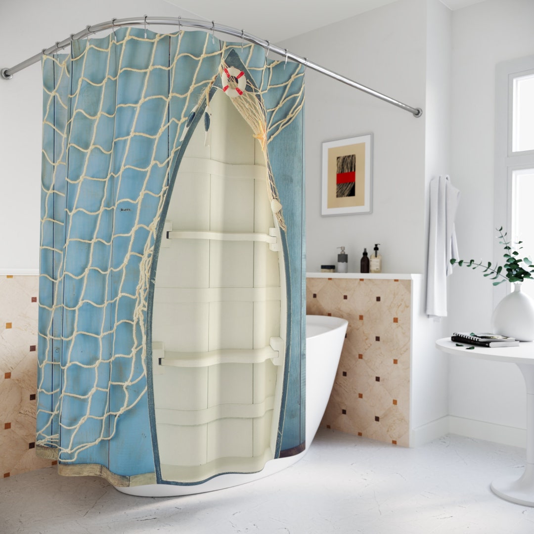 Nautical Fish Net and Canoe Water Themed Blue and Tan Polyester Shower ...