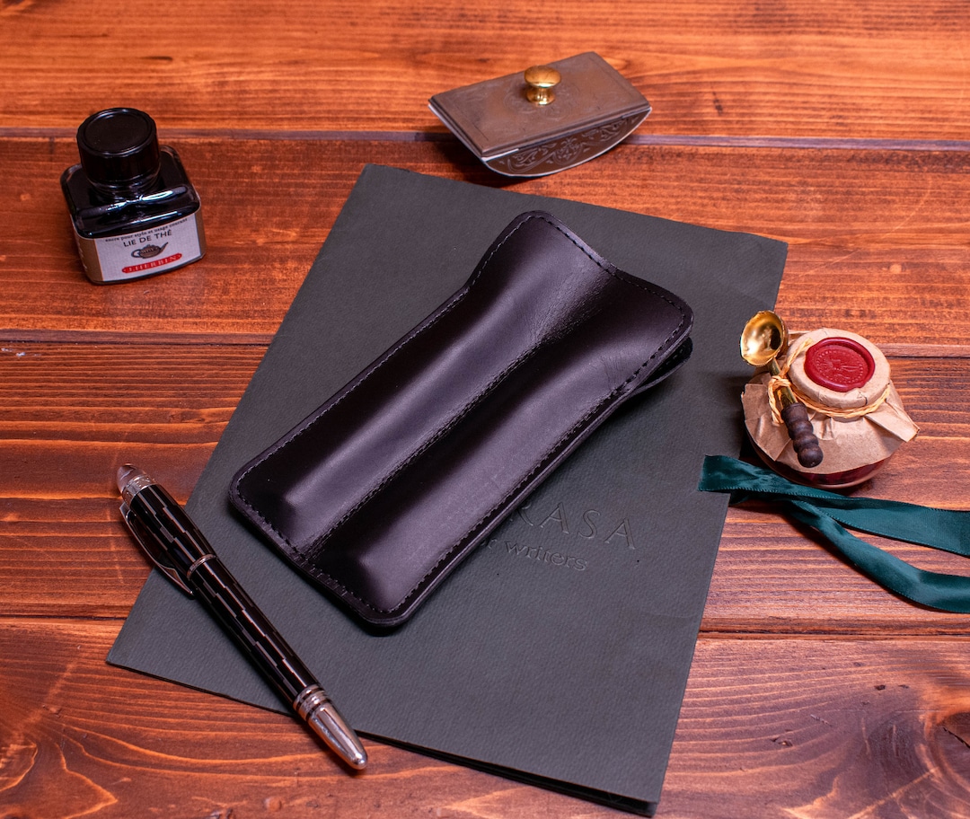 Double Fountain Pen Sleeve in Black Italian Leather. Leather Pen Case ...