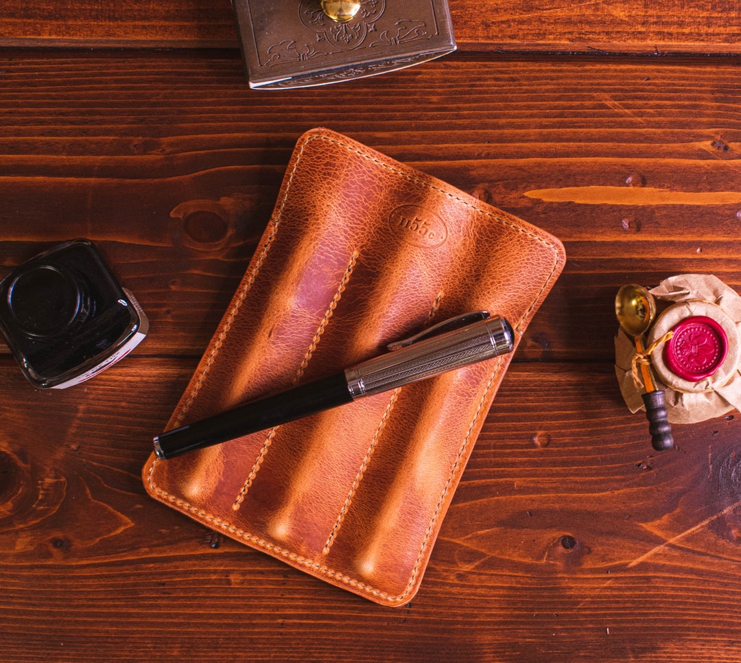 Triple Fountain Pen Sleeve in Natural Waxy Leather. Leather Pen Case ...