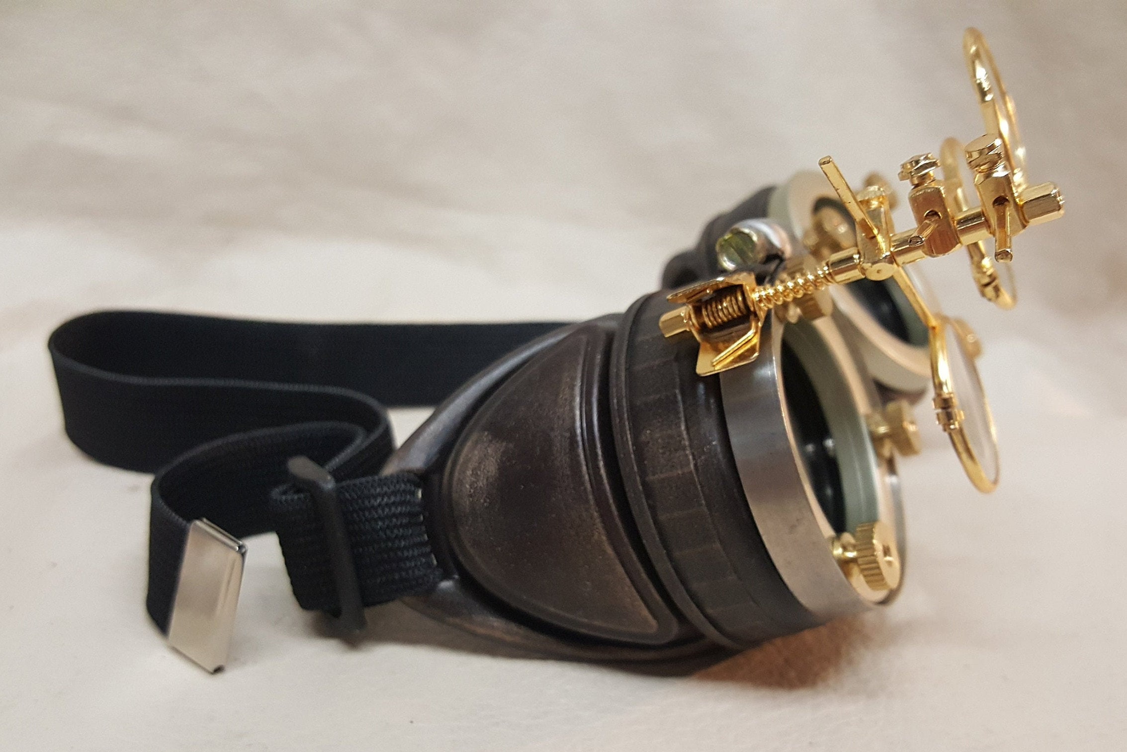 Steampunk Distressed Brown Engineer Goggles With Golden Loupes