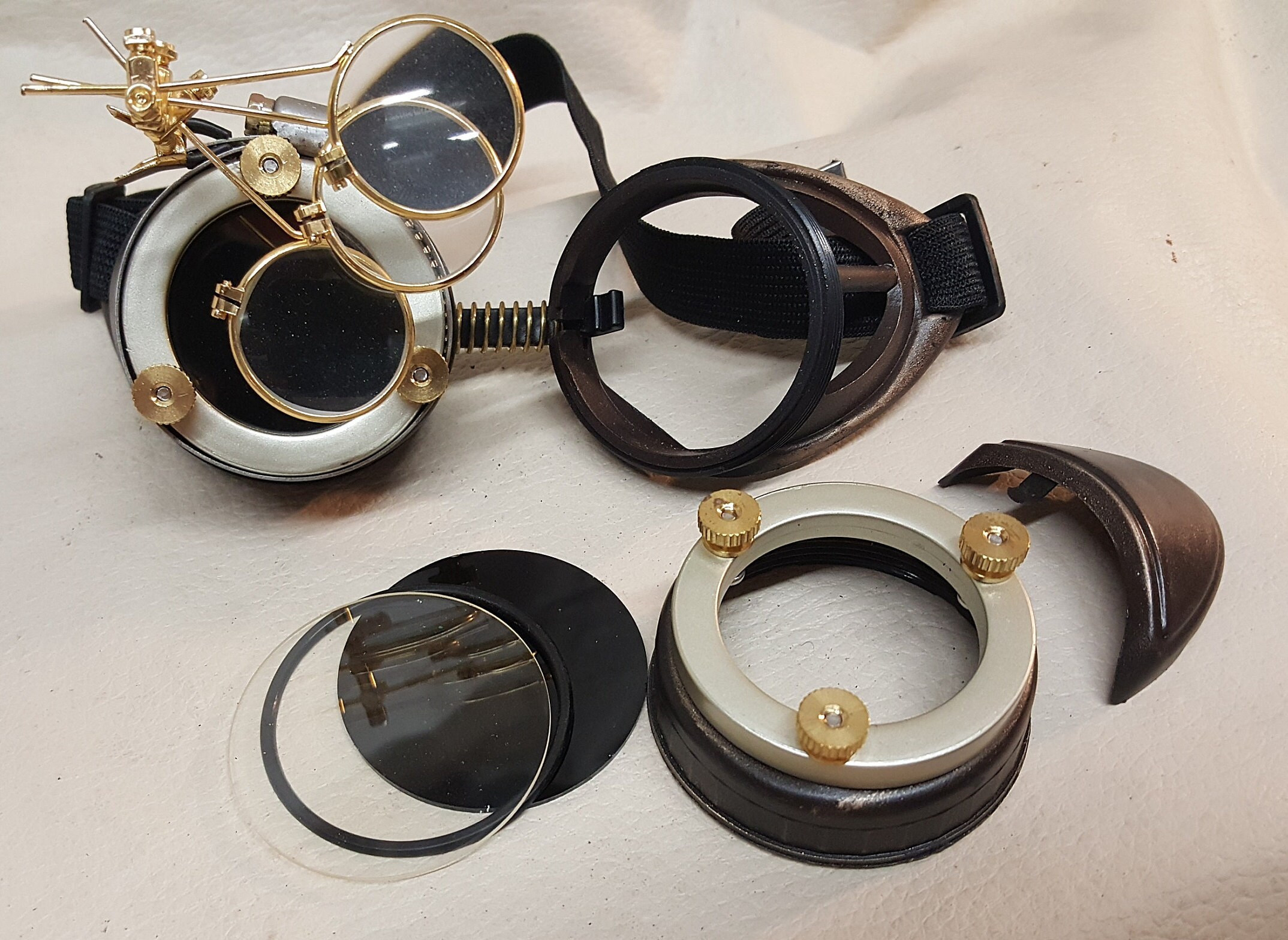 Steampunk Distressed Brown Engineer Goggles With Golden Loupes