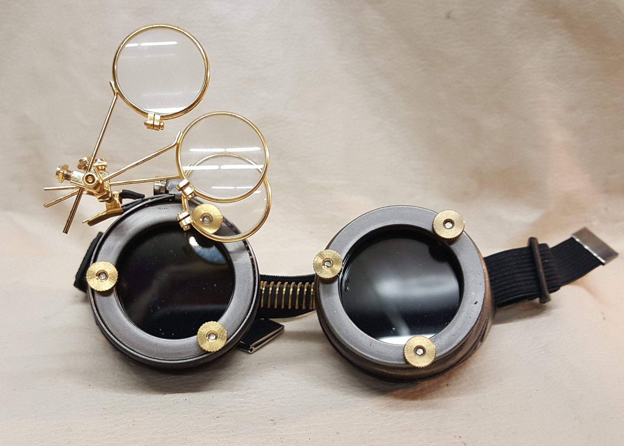 Steampunk Distressed Brown Engineer Goggles With Golden Loupes