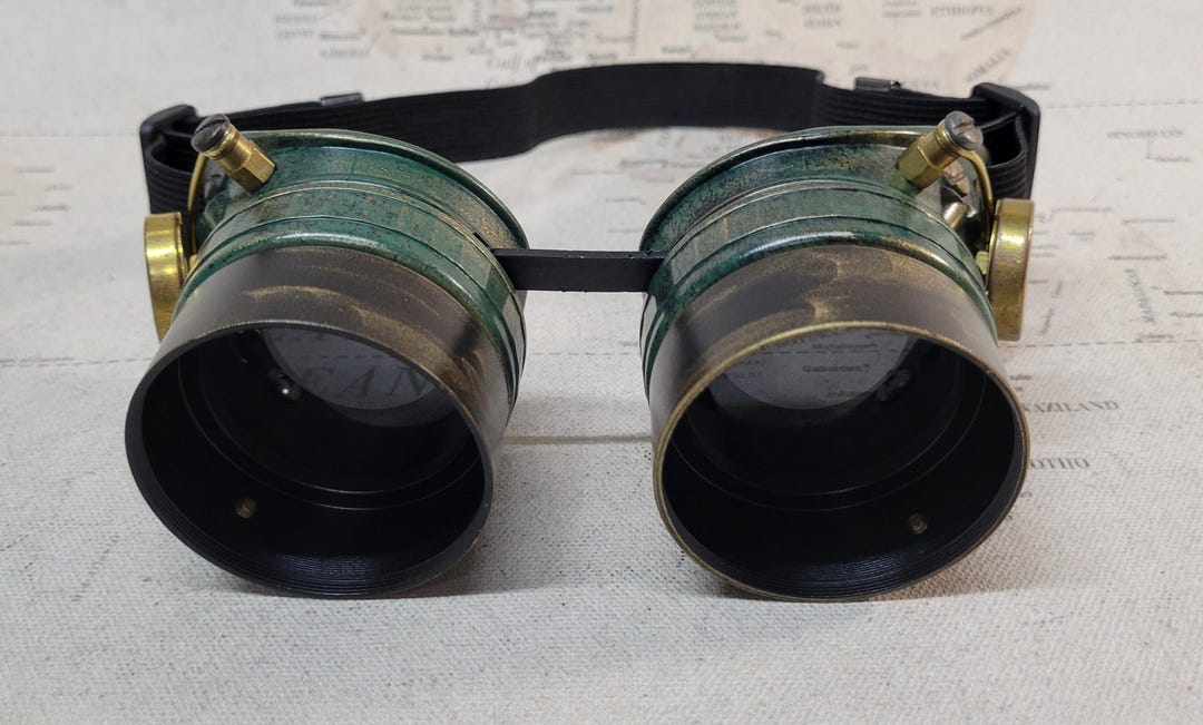 Aged Green/gold Steampunk Engineer Goggles With Black Extension Rings ...