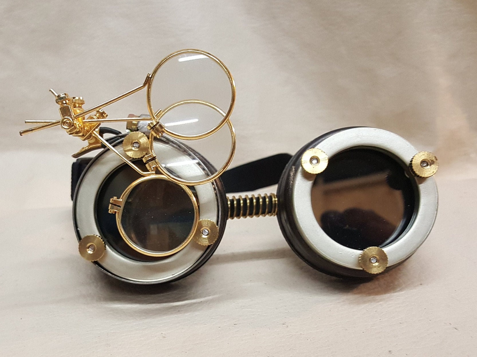 Steampunk Distressed Brown Engineer Goggles With Golden Loupes
