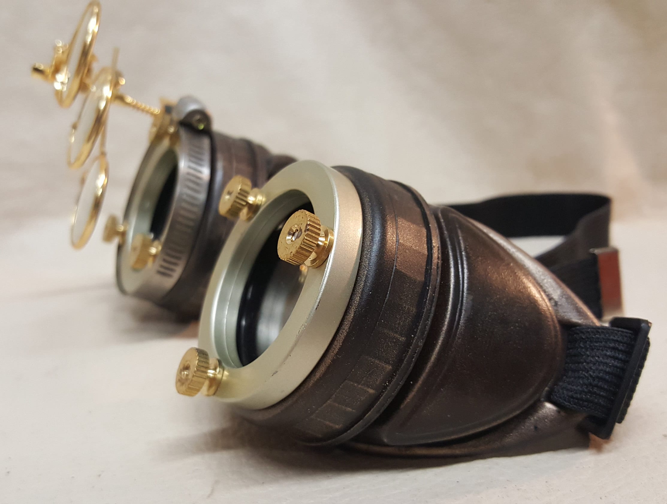 Steampunk Distressed Brown Engineer Goggles With Golden Loupes