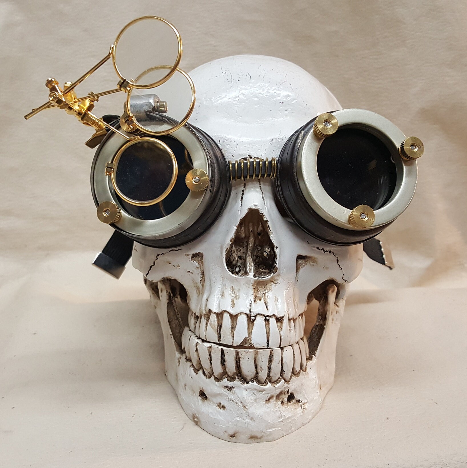 Steampunk Distressed Brown Engineer Goggles With Golden Loupes