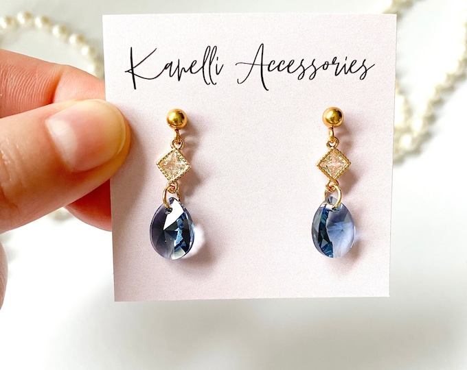 Blue Crystal Dainty Gold Dangle Delicate Earrings, Small Blue Denim ...