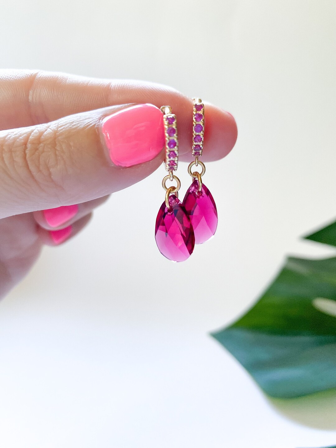 Colorful Crystal Earrings With Rhinestone Hoops, Elegant Fuschia ...