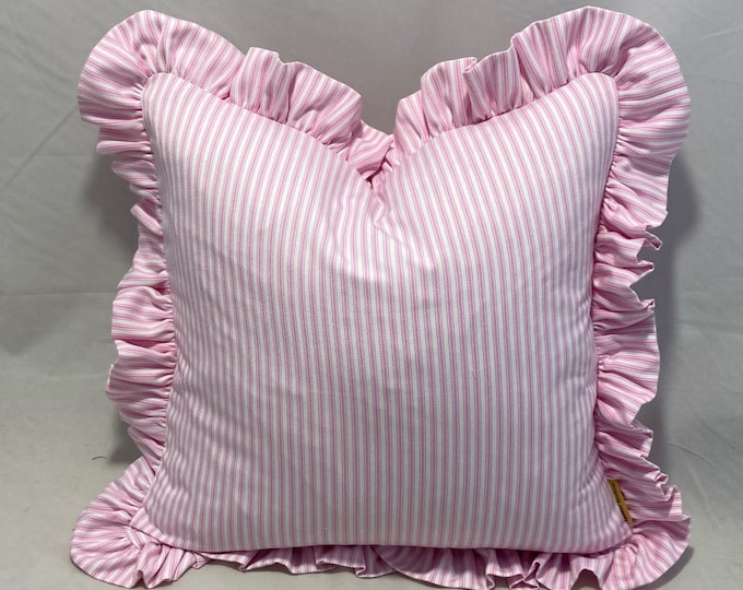 Dusty Pink and White Woven Ticking Fabric Cushions With Frill Around ...