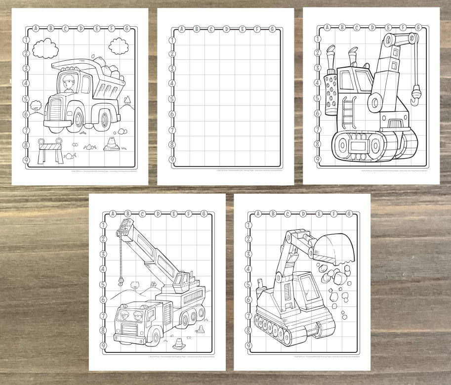 Grid Drawing Big Construction Vehicles Worksheet Pages Downloadable How ...