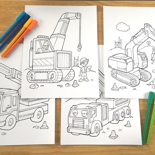 Cute Construction Vehicles Coloring Page Set Downloadable PDF - Etsy
