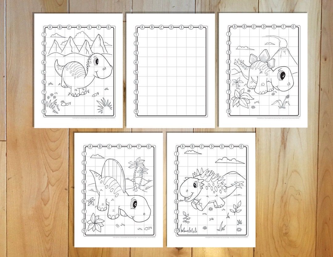 Grid Drawing Cute Dinosaur Worksheet Pages! Downloadable How-to-draw ...