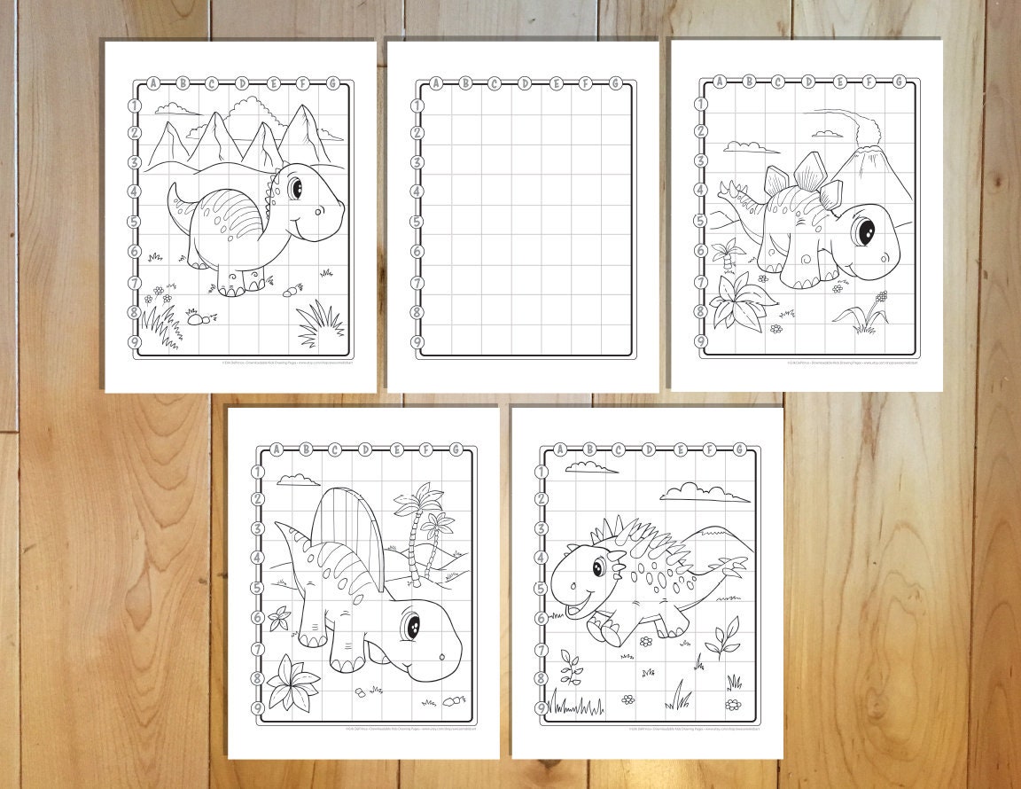Grid Drawing Cute Dinosaur Worksheet Pages! Downloadable How-to-draw ...