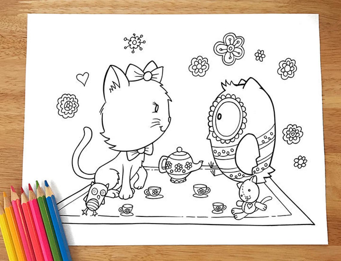 Cat and Owl Tea Party Coloring Page! Downloadable PDF File! - Etsy