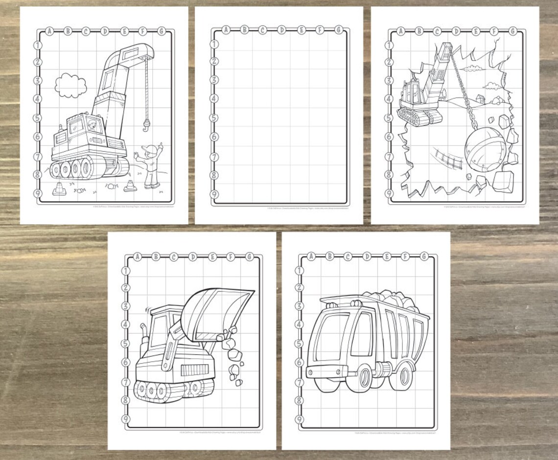 Grid Drawing Big Construction Vehicles Worksheet Pages! Downloadable ...