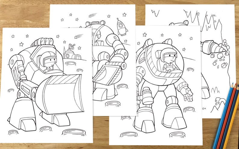 Cute Space Construction Robots Coloring Page Set! Downloadable PDF ...