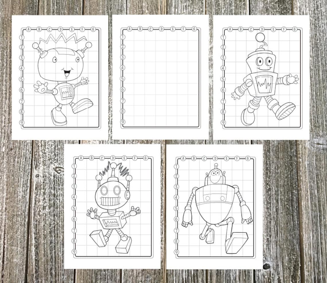 Grid Drawing Cute Robots Worksheet Pages! Downloadable How-to-draw PDF ...