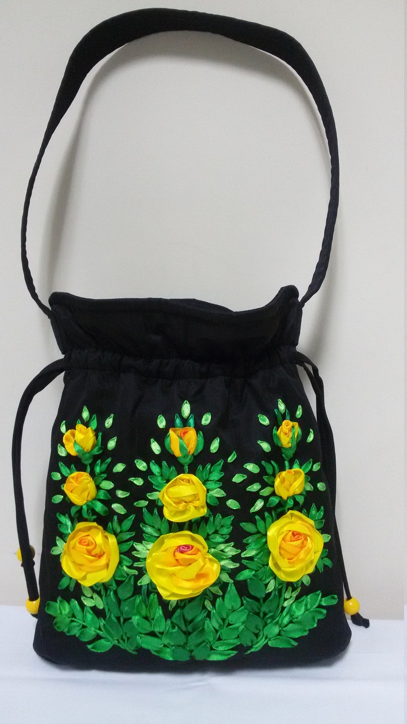 Hand Embroidered Pink Roses Bag Black Canvas Tote Bag | Etsy