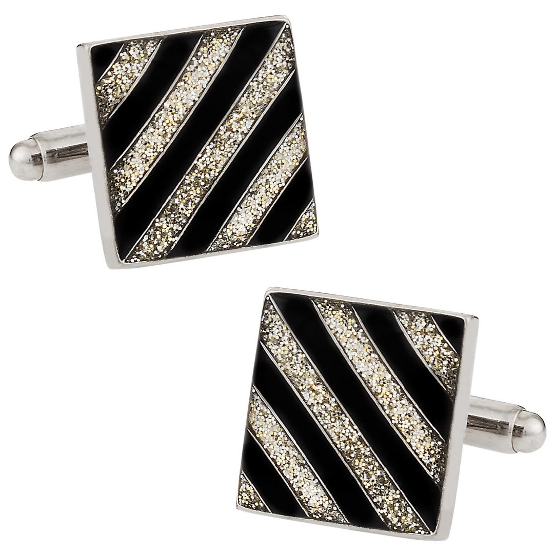 Diamond Dust Diagonal Black and Silver Cufflinks With Travel Gift Box ...